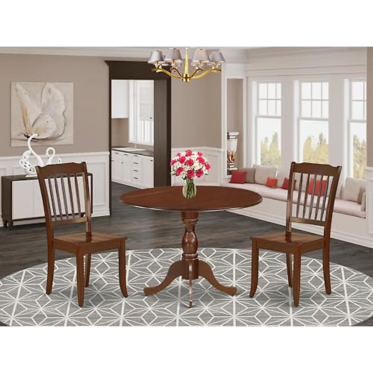 East West Furniture DMDA3-MAH-W 3 Piece Kitchen Table & Chairs Set Contains a Round Dining Room Table with Dropleaf and 2 Solid Wood Seat Chairs, 42x42 Inch, Mahogany
