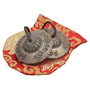 DharmaObjects Tibetan Premium Large Quality "Om Namah Shivaya" Tingsha Cymbals 3" With Pouch