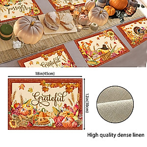 Thanksgiving Placemats Set of 6, Turkey Holiday Placemats Set of 6 12x18 Inch for Dining Table, Thanksgiving Place Mats Pumpkins Fall Leaves Orange Farmhouse Table Decor for Kitchen Dining Room Home