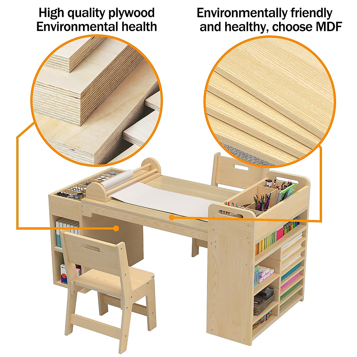 NKUGCFC 50.4inx 22.8in Kids Art Table and Chair Set with Paper Roll Dispenser,Kids Craft Table with Portable Art Supply Organizer for 4-12 Year Old,Drawing Table with Large Storage Desk for Kids