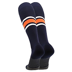MadSportsStuff Dugout Striped Baseball Socks Pattern E (Navy/Orange/White, Medium)