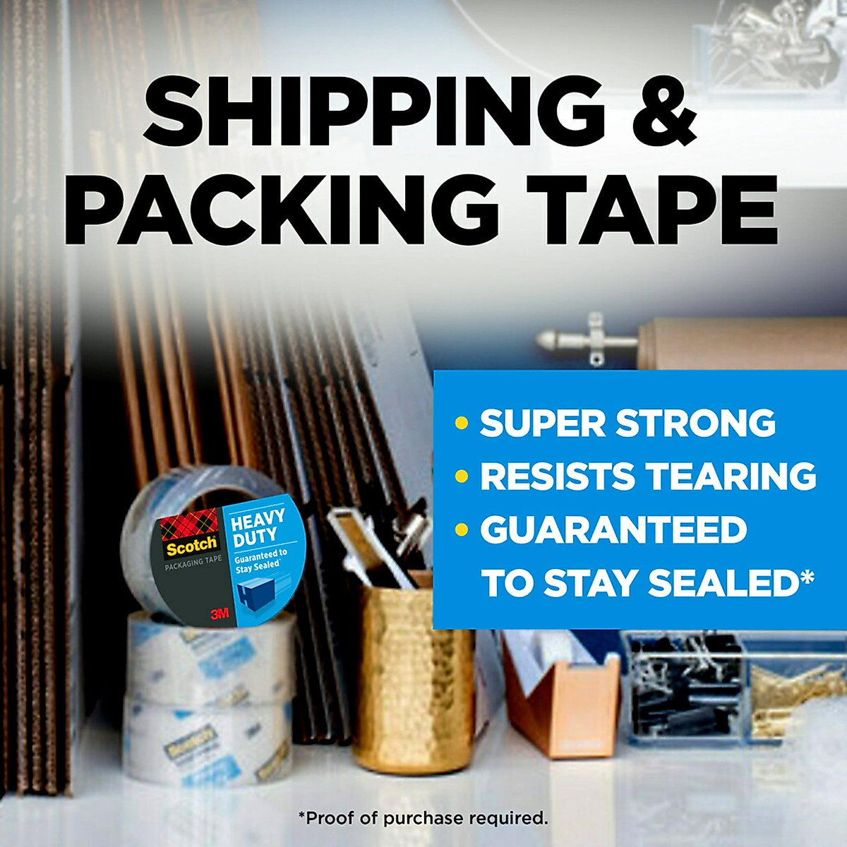 Scotch Heavy Duty Shipping Packaging Tape, 1.88" x 54.6 yd, 3" Core, Clear, Great for Packing, Shipping & Moving, 6 Rolls (3850-6)
