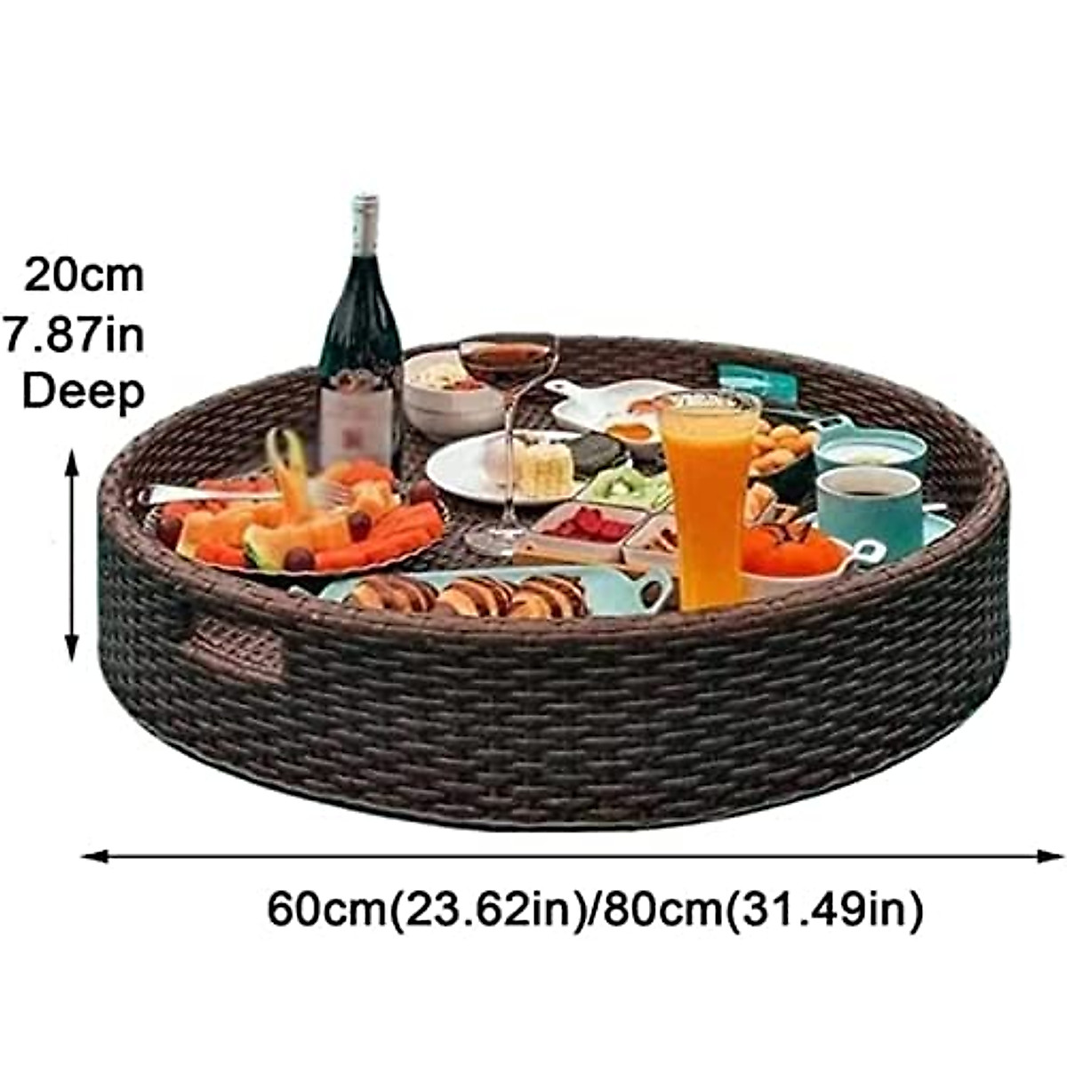 ENPAP Rattan Woven Serving Tray Floating Breakfast Table Serving Buffet Round Tray Drink Holders for Swimming Pool Beach Party Refreshment Durable Foam UV Resistant (Color : Brown, Size : 80cm)