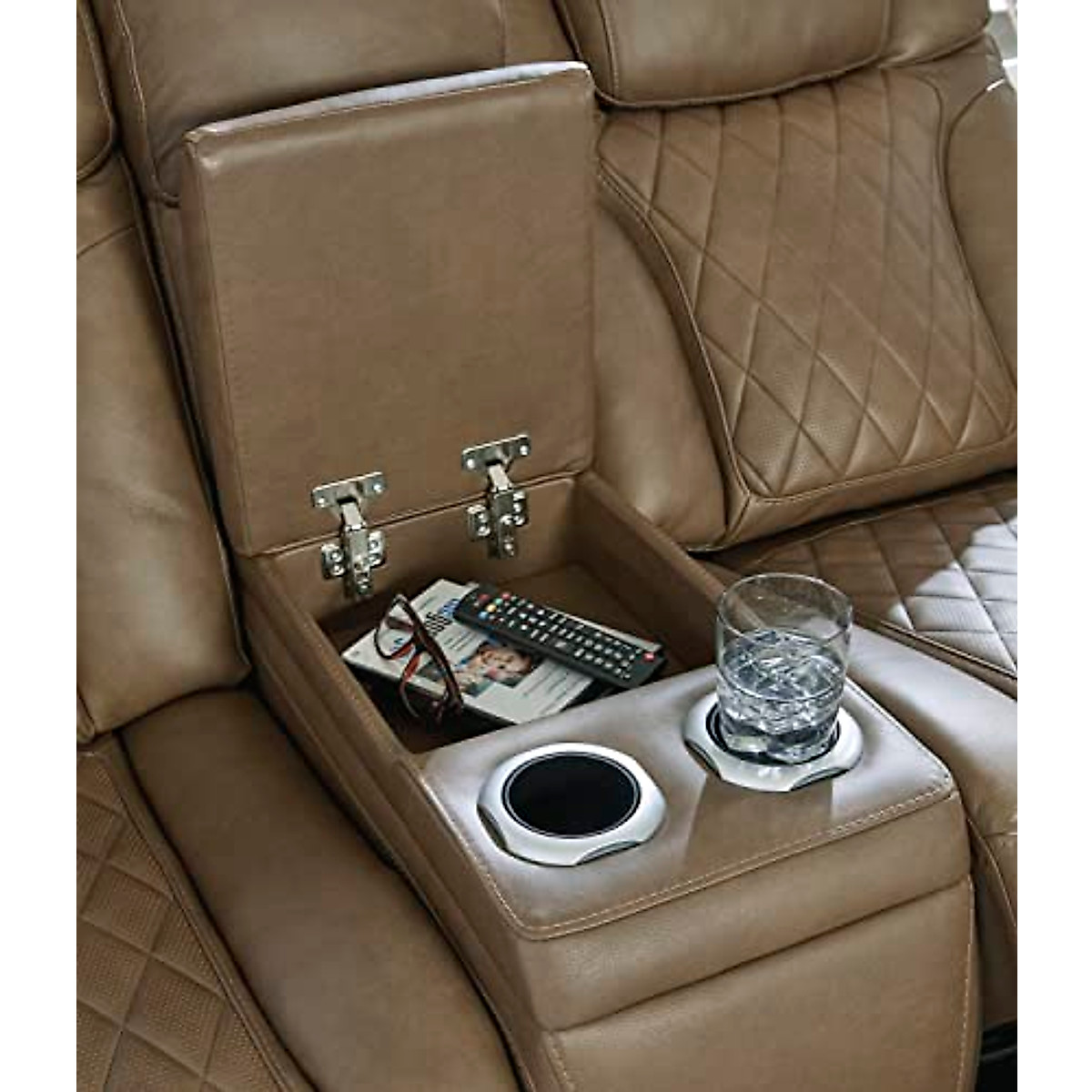 Signature Design by Ashley Strikefirst Contemporary Tufted Leather Power Reclining Loveseat with Console and Adjustable Headrest, Light Brown