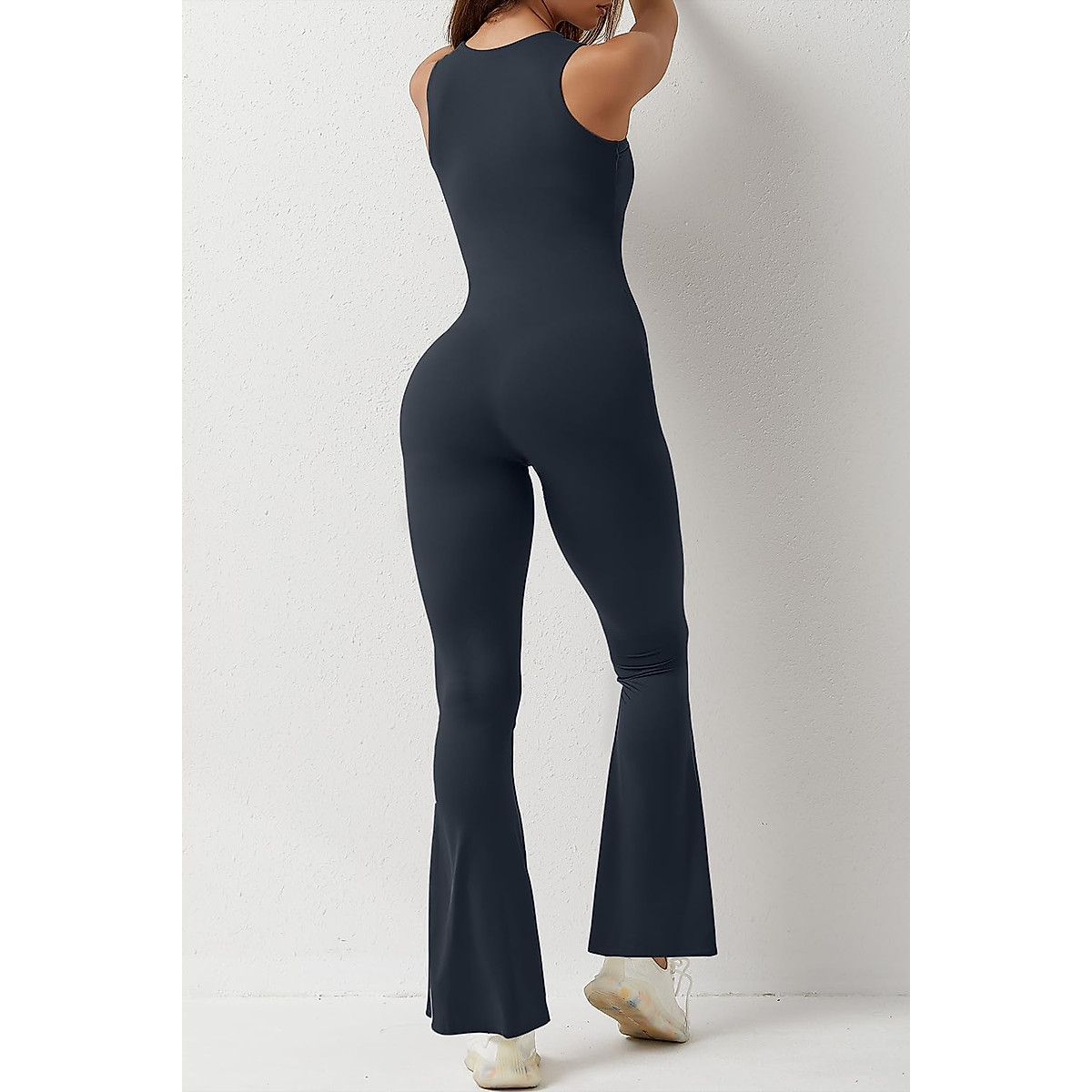 QINSEN Woman's Stretch Square Neck Long Pants Jumpsuit Slimming Fit Curvy Flare One Piece Outfits Romper Grey Navy M