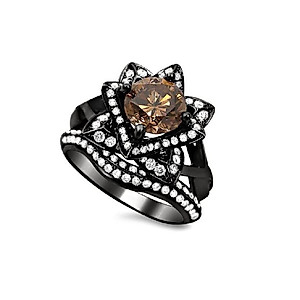 Beautiful 2Ct Round Cut Created Chocolate Diamond 925 Sterling Silver Lotus Flower Engagement Ring Set 14k Black Gold Plated For Women's