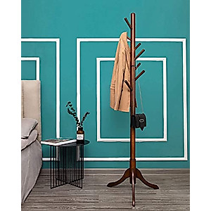 TinyTimes Wooden Coat Rack Free Standing, Sturdy Rustic Hall Tree Coat Tree Coat Hanger with 8 Hooks, for Coat, Hat, Clothes, Scarves, Handbags, Umbrella (Dark Brown)