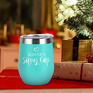 Gifts for Aunt Auntie's Sippy Cup Wine Tumbler with Lid, Birthday Mothers Day Gifts for Aunts New Aunt Gift from Niece Nephew, Funny Insulated Stainless Steel Stemless Tumbler with Straw (12 Oz, Mint)