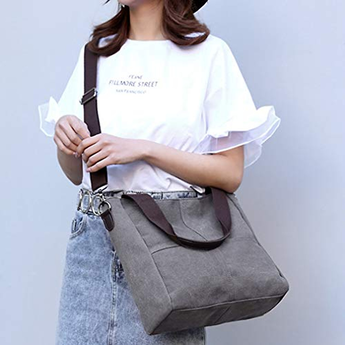 Women's Canvas Shoulder Bags Tote Purses Satchel Work Shopping Crossbody Bag (Grey)