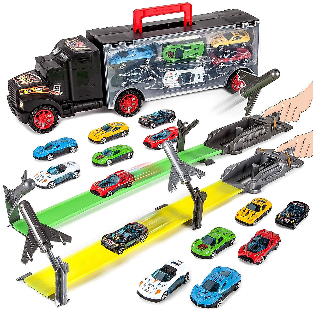 Abincee Toddler Toys for 3-5 Year Old Boys,Toy Truck Carrier with 12 Die-cast Vehicles Toy Cars and 2 Race Tracks,Gift for Kids Age 3 4 5 6 7