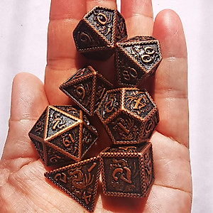 MJDICEOK Dragon Metal DND Dice Set 7 Role Playing Dice Solid D&D Dice Red Copper