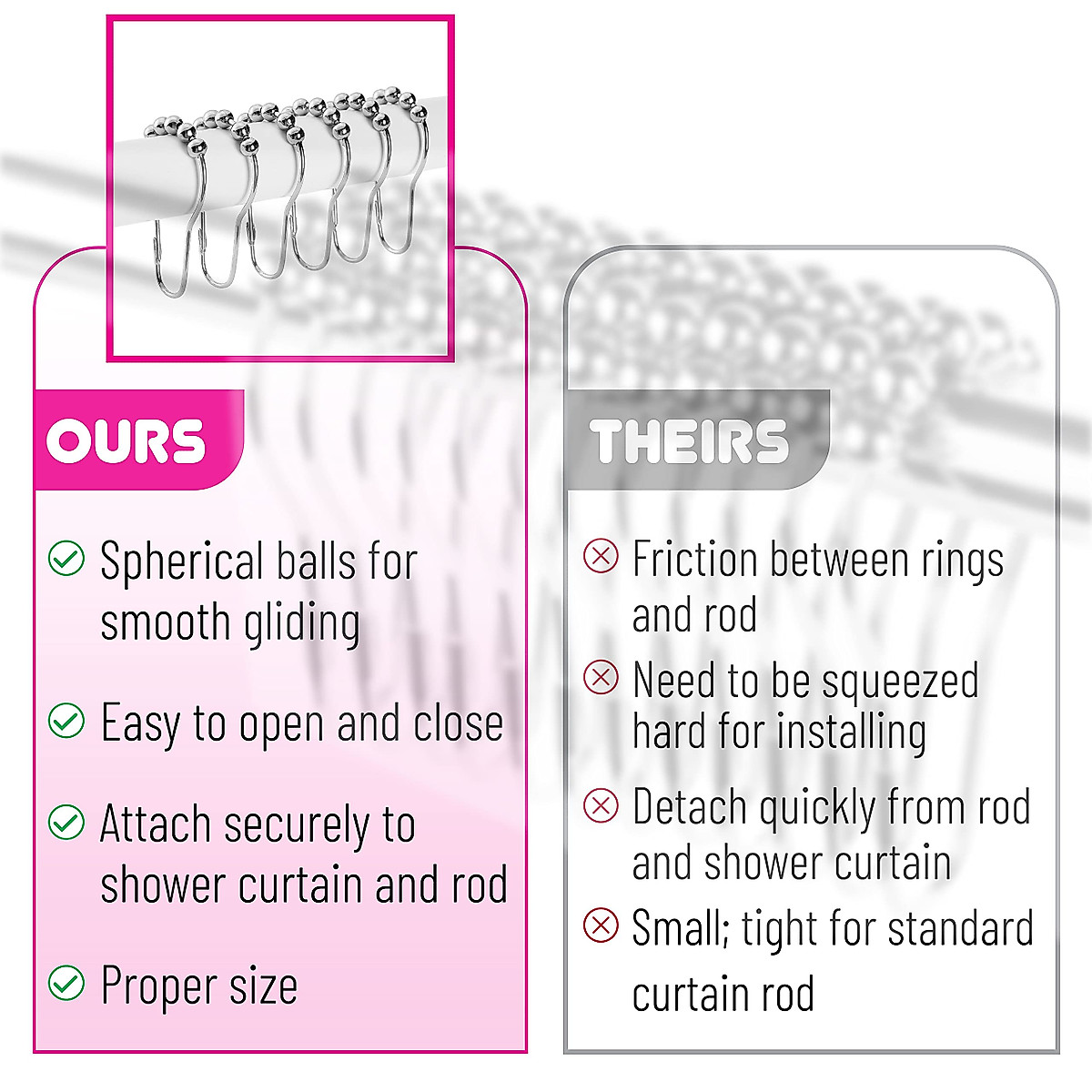 Slick- Shower Curtain Rings, 12 Pack, Shower Curtain Hooks, Shower Rings, Shower Curtain Hooks Rust Proof, Shower Rings for Curtain, Silver Shower Curtain Hooks, Shower Curtain Hangers