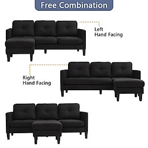 Grepatio Convertible Sectional Sofa Couch, L-Shaped Couch with Modern Linen Fabric for Small Space (Black)