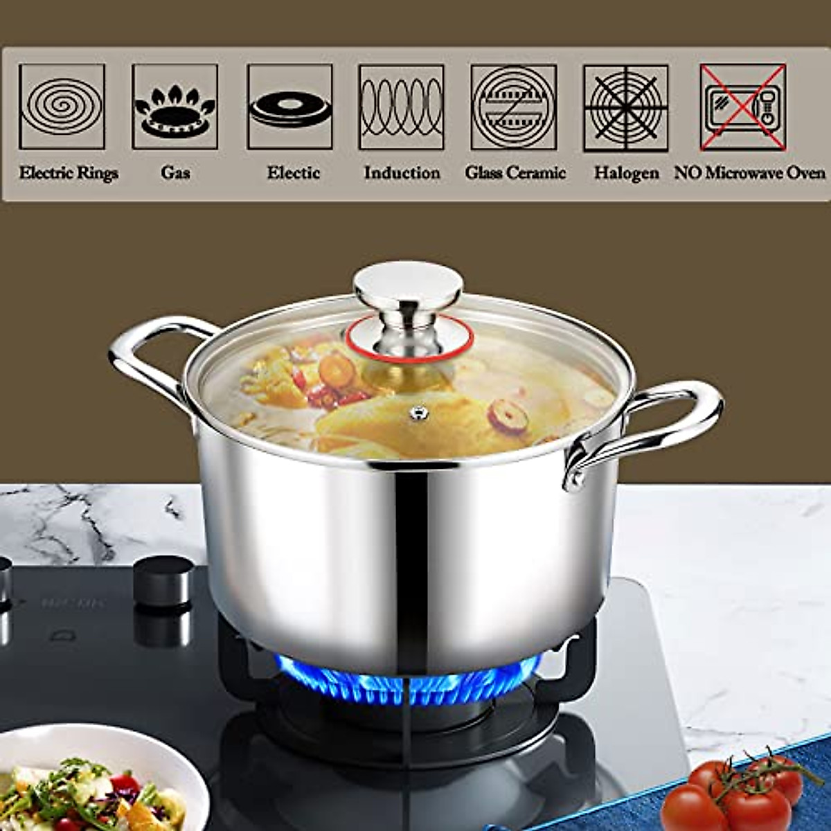 P&P CHEF 4 Quart Stockpot with Lid, Stainless Steel Tri-Ply Cooking Soup Pasta Stock Pot for Gas/Induction/Electric Stoves, With Glass Cover & Two Handles, Heavy Duty & Dishwasher Safe