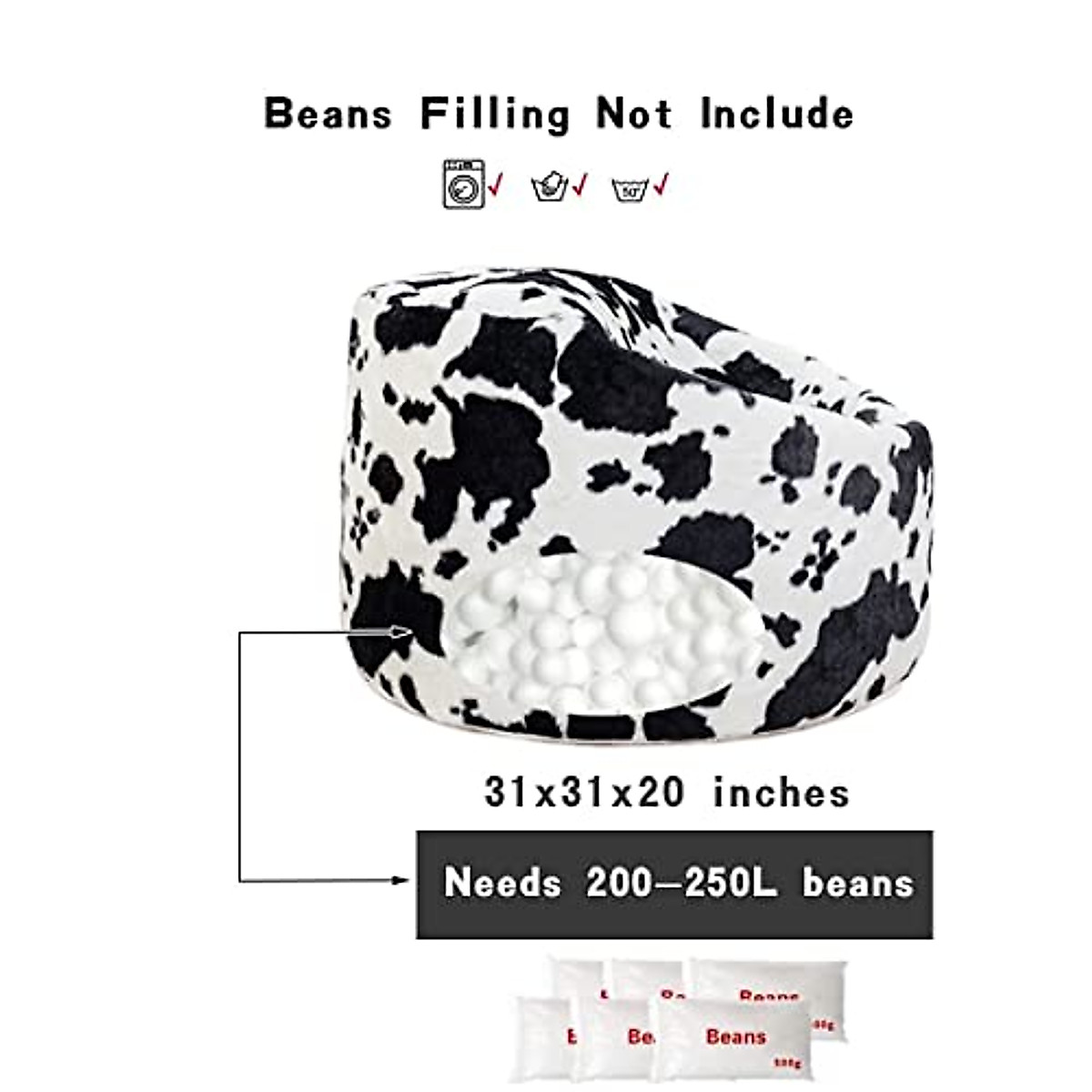 Bean Bag Chairs Cover (No Filler) Soft Washable Plush Fiber Adult Beanbag Chair Fuzzy Fur Cover Without Filling (White and Black Bean Bag Cover)