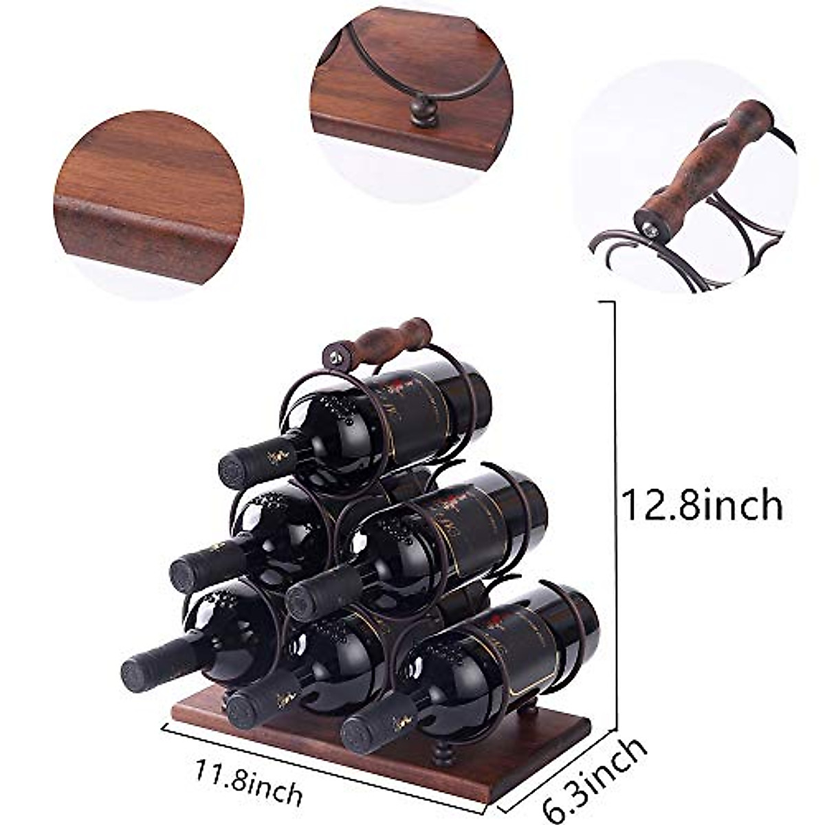 YCOCO Wine Holder,3 Tier 6 Bottles Countertop Wine Rack,Tabletop Wood Freestanding Wine Storage for Kitchen Home Bar Storage and Kitchen Decor,Brown