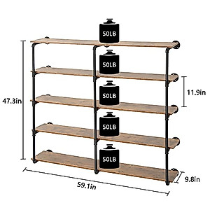 MAIKAILUN 60 inch 5 Tier Industrial Pipe Shelving, Wall Mounted Pantry Farmhouse Kitchen Shelves Open Storage Bookshelf Bookcase Large Retail Display Wood Planks Rack(59 in x 9.8 in x 47 in)