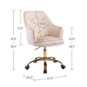 SSLine Elegant Velvet Desk Chair for Girls Women Modern Swivel Office Computer Chair on Wheels Cute Vanity Chair Leisure Chair w/Arm for Home Study Living Room (Beige and Gold Base)
