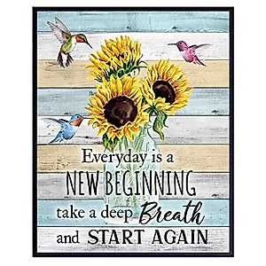Inspirational Wall Art & Decor - New Beginnings Hummingbirds Sunflowers Rustic Boho Family Wall Art - Inspiration Saying Quotation - Positive Quotes Wall Decor - Encouragement Gifts for Women Woman