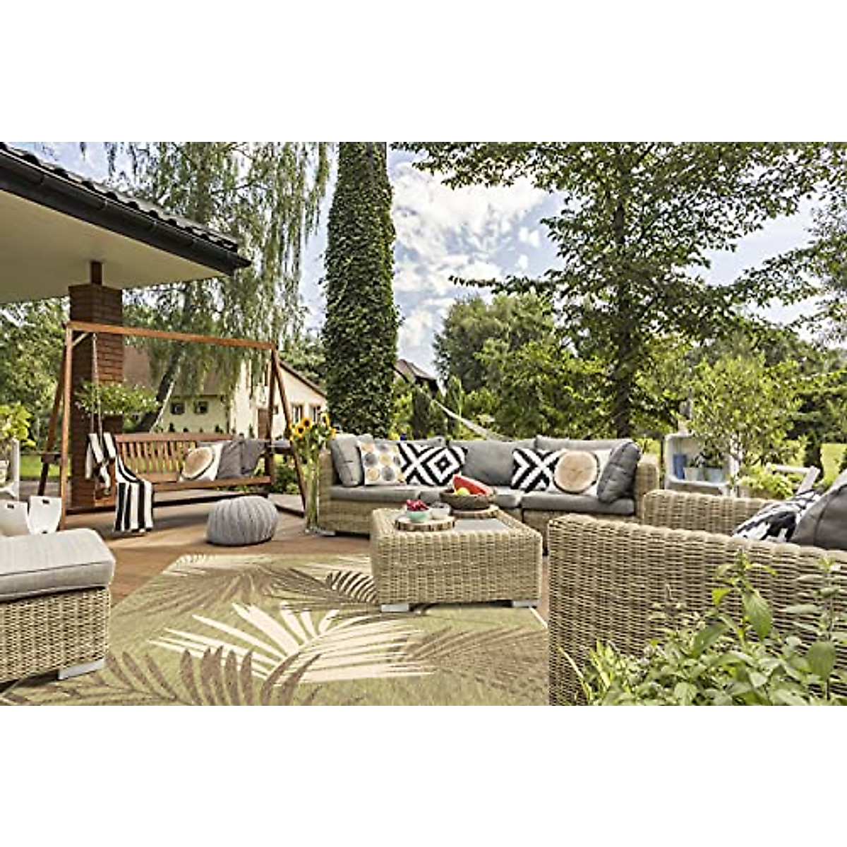 GAD Great American Distributors Yarpeq Premium Tropical Palm Tree Leaves 5x8 Indoor Outdoor Area Rug, Green/Cream, Stain Fade Resistant Rug for Patio, Porch, Lanai, Pool,Kitchen Bedroom