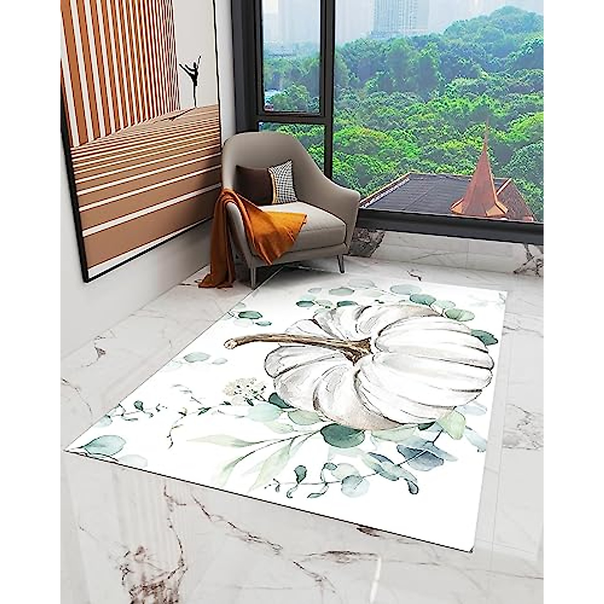Green Eucalyptus Area Rug 5'x8',Outdoor Indoor Extra Large Carpet Runner for Girls Boys Bedroom,Living Room,Bathroom,Classroom,Office,Kitchen,Washable Area+Rug Autumn Thanksgiving Fall White Pumpkins