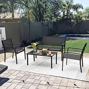 Greesum 4 Pieces Patio Furniture Set Outdoor Conversation Textilene Fabric Chairs for Lawn, Garden, Balcony, Poolside with A Glass Coffee Table, Black