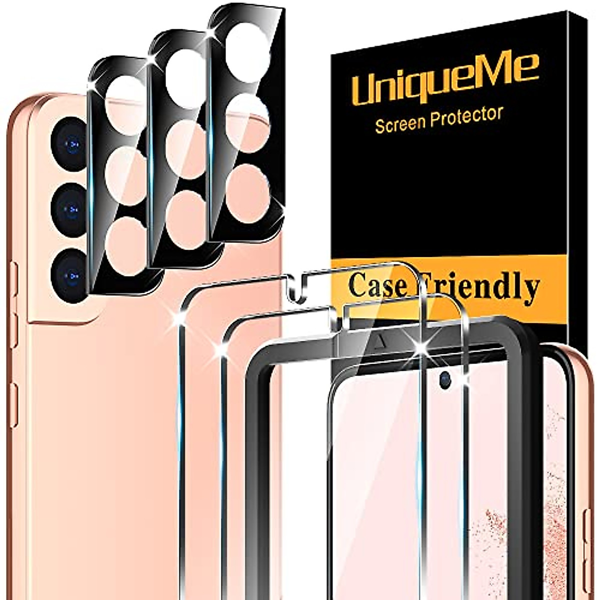 UniqueMe [2+3 pack] Compatible with Samsung Galaxy S22 Plus/S22+Plus 5G Screen Protector Tempered Glass and Camera Lens Protector with Installation Frame, [9H Hardness] [ Support Fingerprint Unclock]