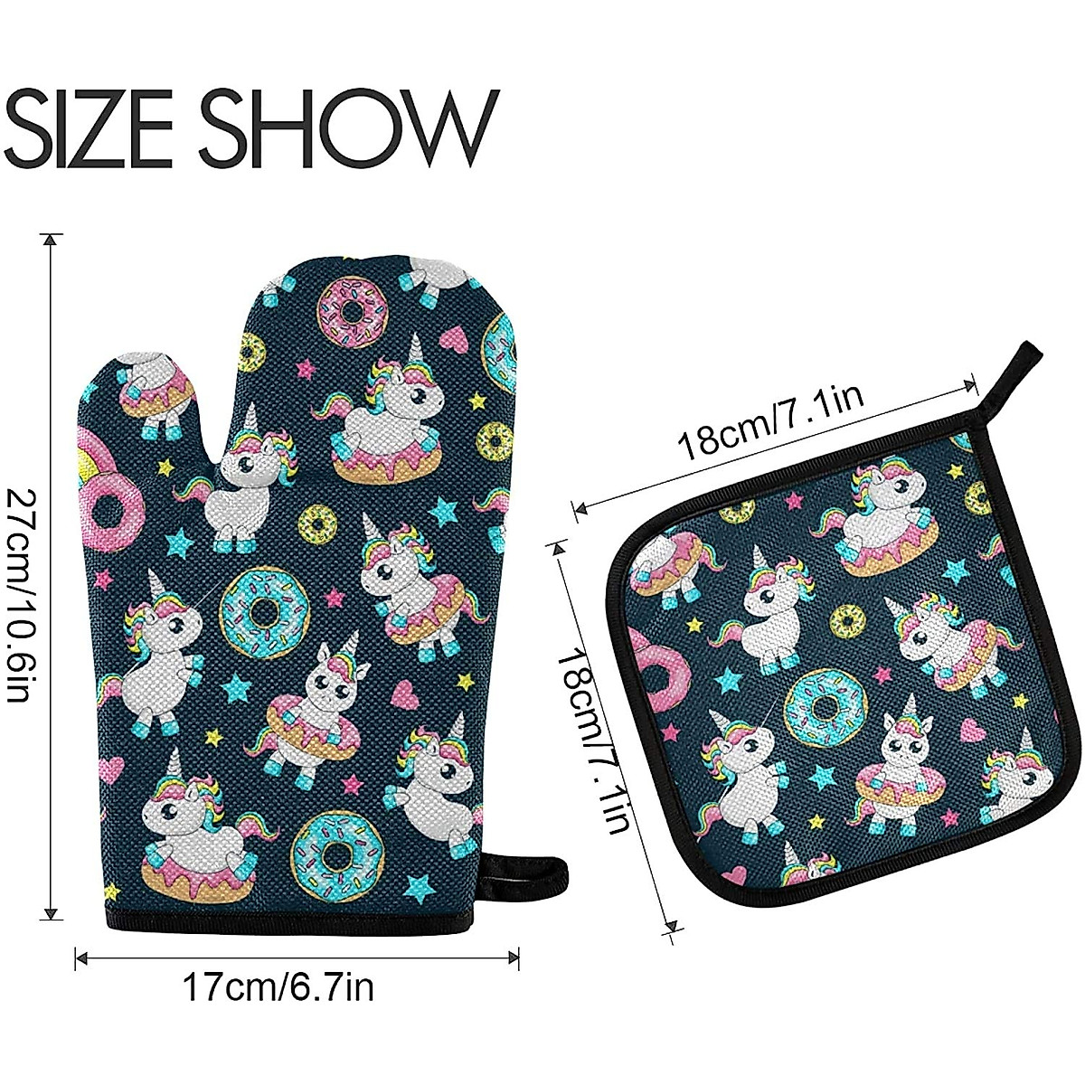 Oven Mitts Pot Holders Set, Donut Unicorn with Rainbow Tail Heat Resistant Waterproof Gloves with Soft Cotton Lining for Kitchen Cooking, Baking, Microwave, BBQ