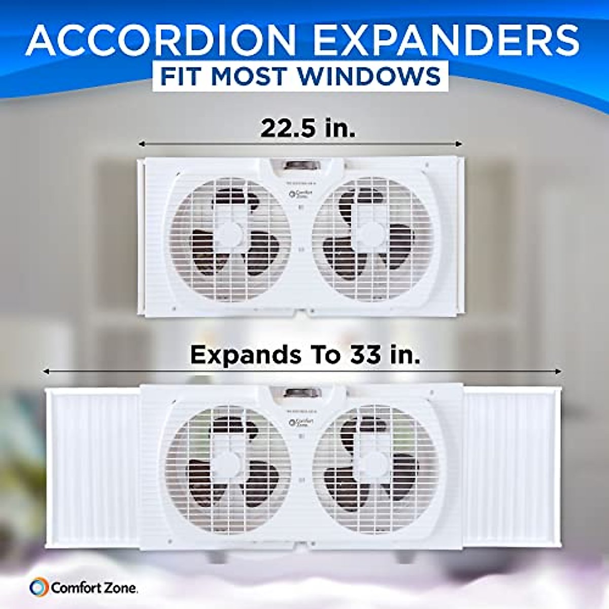 Comfort Zone CZ319WT 9" Twin Window Fan with Reversible Airflow Control, Auto-Locking Expanders and 2-Speed Fan Switch, White