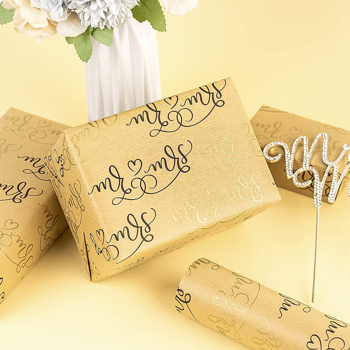 RUSPEPA Kraft Wrapping Paper Roll - Mini Roll - Mr. & Mrs. Pattern Great for Wedding, Anniversary - 17.5 Inches X 32.8 Feet