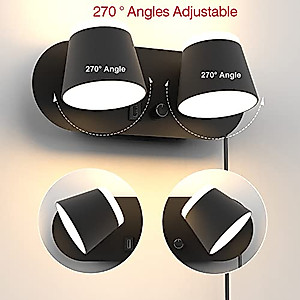 Sytmhoe Modern Black Double Head Dimmable LED Wall Sconce, Bedroom Wall Light with USB, Plug-in Installation, 12W, 10.24x3.94x5.12in