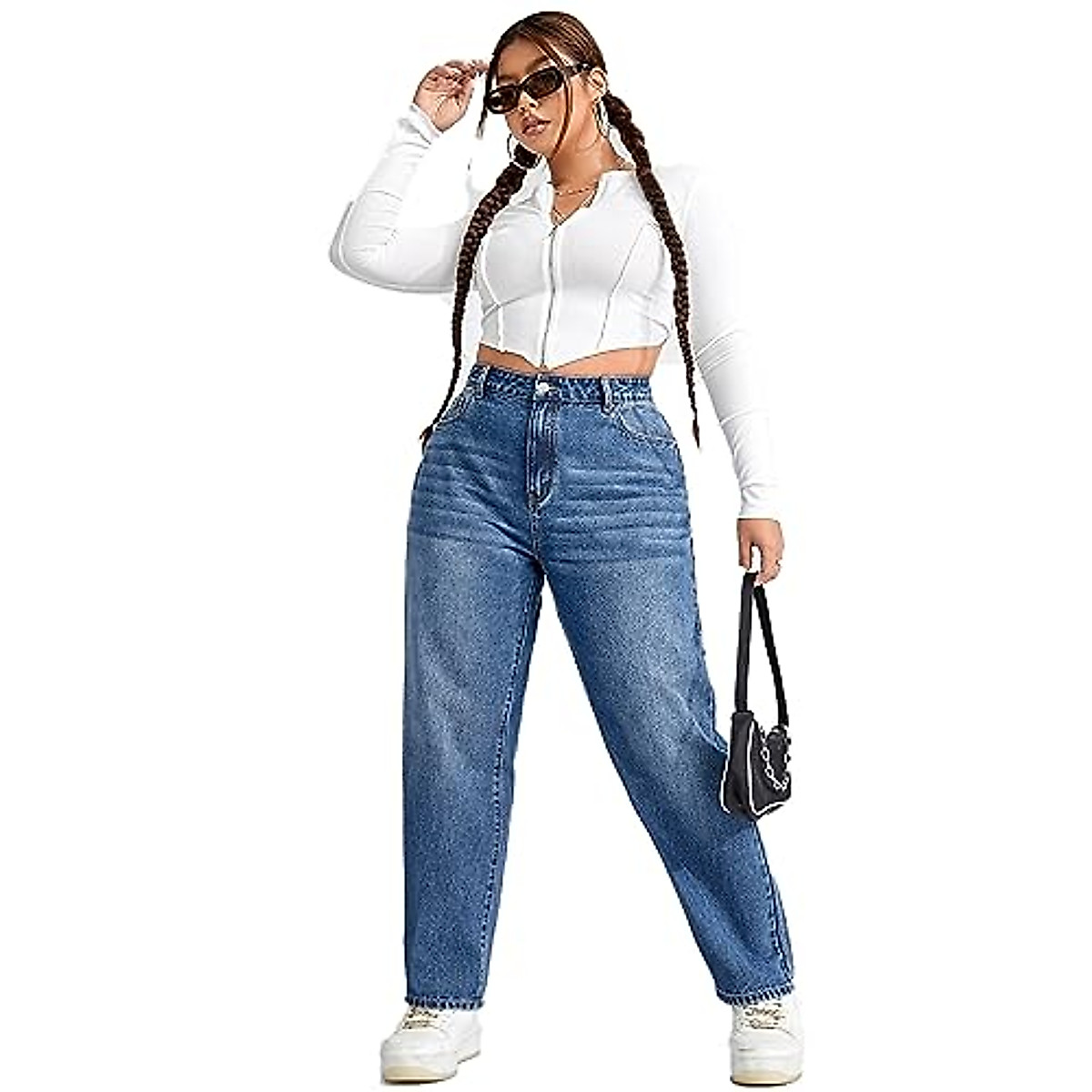 KISSPLUS Plus Size Tapered Jeans for Women High Waist Loose Women Jeans Curvy Stretchy Denim Pants for Women Inseam 30 Light Blue in White 4XL