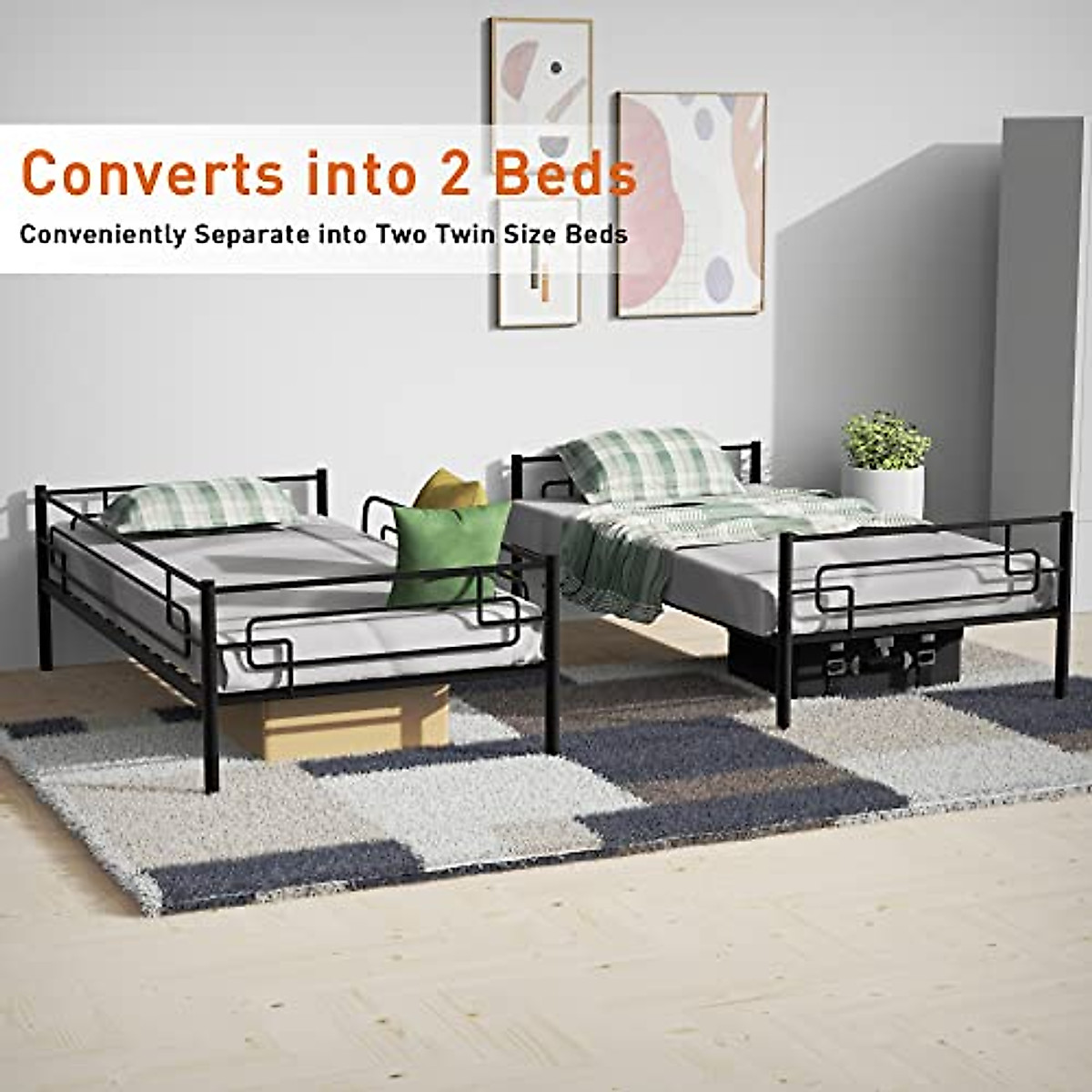 DreamBuck Bunk Bed Twin Over Twin Metal Twin Bunk Beds [Convertible Into 2 Beds] Heavy Duty Bunkbed with Ladder, Safety Guard Rail for Adults Teens, Space-Saving, Noise Free, No Box Spring Needed