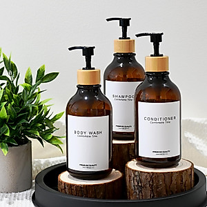 3-Pack Amber Plastic Pump Bottles, BPA-Free Refillable Dispensers for Shampoo, Conditioner, Soap & Oil, Bamboo Pump Head, 16.9oz (500ml)(Amber)