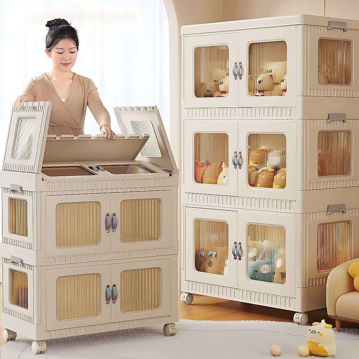 MOPUP 555 Quart Collapsible Storage Bins,3 Packs Plastic White Closet Organizers Storage with Lids,Dual Open Stackable Bins with Wheels for Home and Office