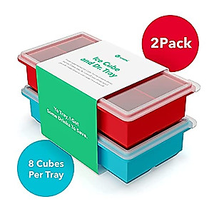 Vremi Stackable Large Ice Cube Trays — Pack of 2 Silicone Trays — 8 Cubes per Tray — Ideal for Cocktails, Frozen Treats, Soups, Sauces,and Baby Food — BPA Free with Frost Resistant Lids — Red and Blue