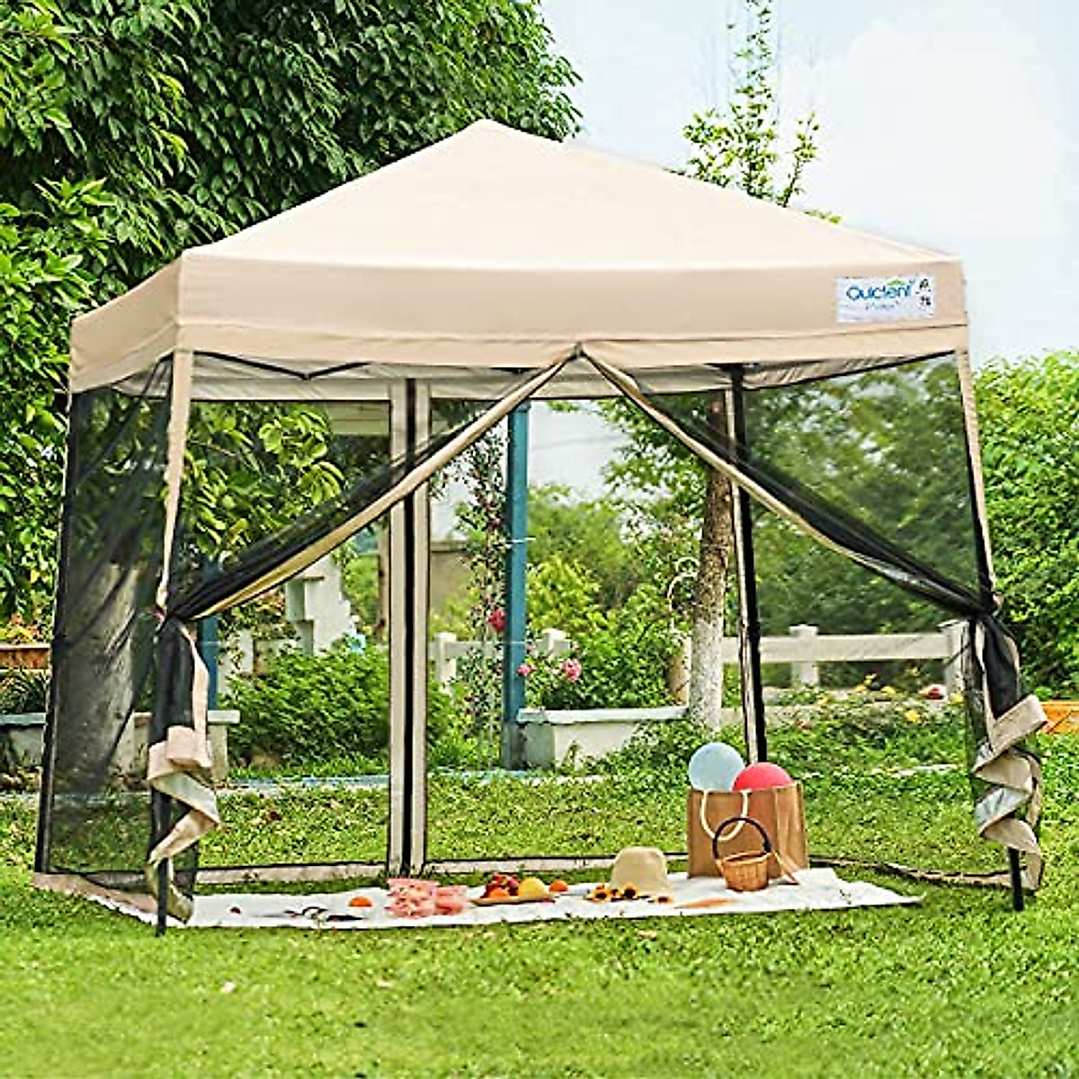 Quictent 9'x9' Slant Leg Pop up Canopy Tent with Mosquito Netting, Instant Screen House Room Tent Gazebo, Easy Set up, Tan