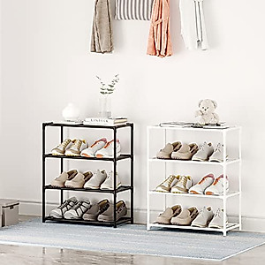 Vockot Small Shoe Rack 6-8 Pairs Sturdy Shoe Shelf 4-Tiers Narrow Stackable Shoe Organizer,Lightweight Kids Shoe Racks for Entryway, Doorway and Closet（Black）