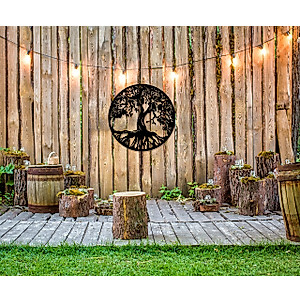 Steel Roots Decor Metal Black Tree of Life Wall Art - Powder Coated Laser Cut Holes - Indoor and Outdoor Home Bedroom or Kitchen Decorations, Modern Wall Sculpture Art Round for Living Room – 18”