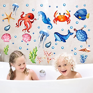 97 Pieces Glow in The Dark Sea Wall Decal Stickers Fish Glow Wall Stickers Ocean Wall Decals Removable Glowing Sticker Fluorescent Starfish Shell Waterproof Peel and Stick for Kids Bedroom Decor