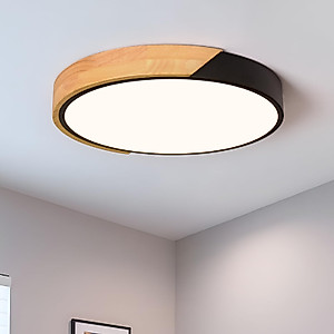 Vikaey Modern LED Ceiling Light, Minimalist Wood Flush Mount Ceiling Light Fixture, 4000K Not Dimmable, Circle Lighting Lamp with Acrylic Lampshade for Bedroom Laundry Room Hallway (Black,11.8")
