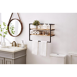 Metal Industrial 2 Tier Bathroom Shelves Wall Mounted,24" Bathroom Shelf with Towel Bar,Wall Shelf Towel Rack Over Toilet,Floating Shelves Towel Holder,Solid Wood Shelves with Metal Frame,Black