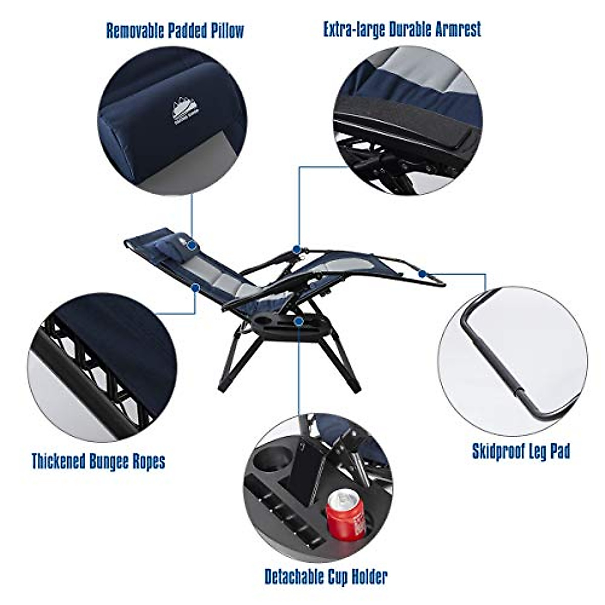 Coastrail Outdoor Zero Gravity Chair Oversized XXL 33.5" Width Patio Recliner Padded Reclining Folding Lounger with Pillow, Side Table for Camping, Lawn, Garden, 500lbs Capacity Blue/1pack