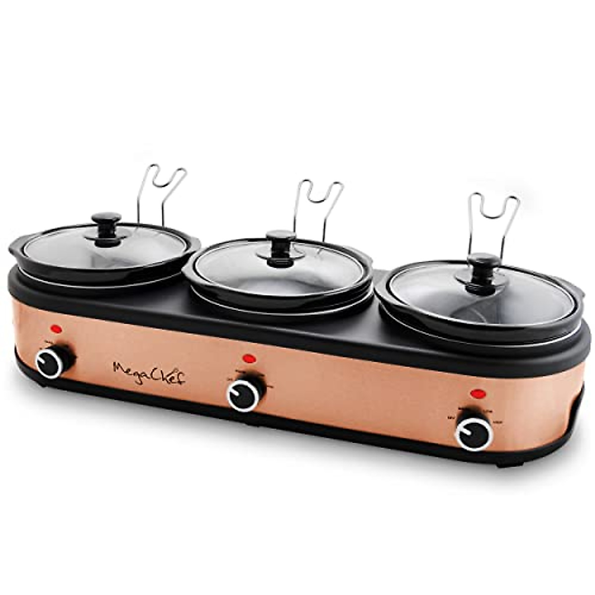 Megachef Triple 2.5 Quart Slow Cooker and Buffet Server in Brushed Copper and Black Finish with 3 Ceramic Cooking Pots and Removable Lid Rests