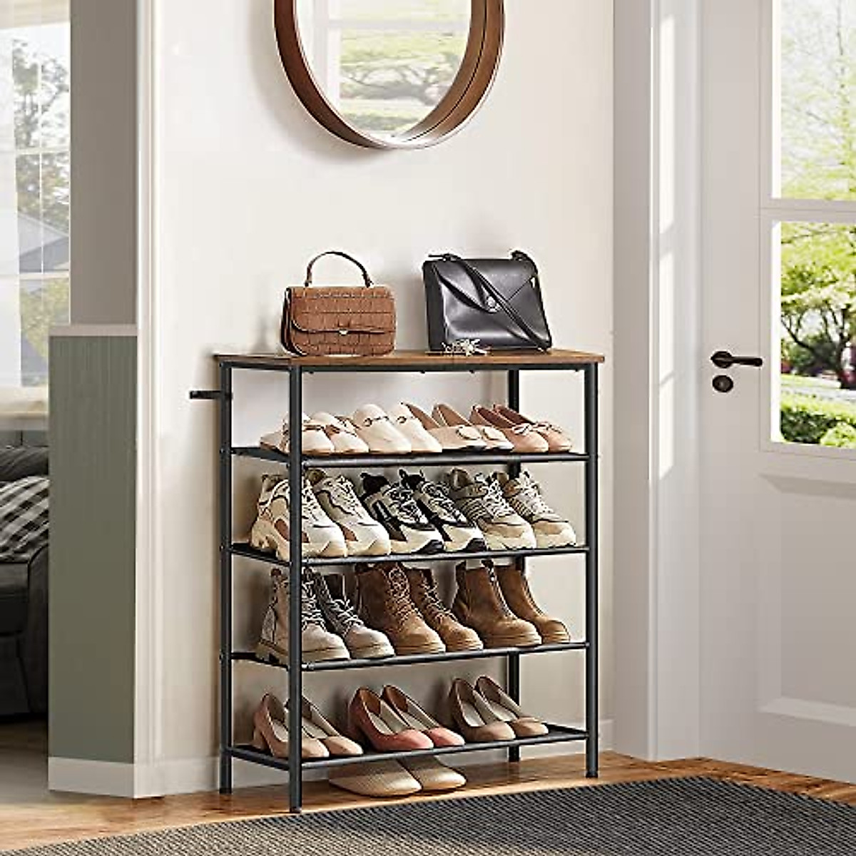 TUTOTAK Shoe Rack 5 Tier, Narrow Shoe Organizer for Closet Entryway, with 4 Fabric Shelves and Top for Bags, Shoe Shelf, Steel Frame, Industrial, Rustic Brown and Black SR01BB022