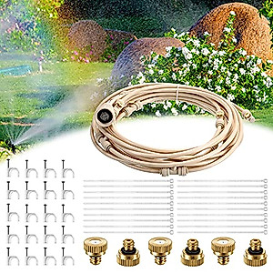 Mist Cooling System 29.5 FT/ 9 m Misting Line, 11 Brass Mist Nozzles, Faucet Connector, 30 Pieces Clip Outdoor Mister Patio Garden Greenhouse Trampoline