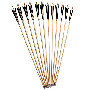 PG1ARCHERY Archery Wooden English Longbow Arrows Practice Targeting Arrow 5.8" Turkey Feathers Fletching with Bullet Points for Recurve & Traditional Bow Black, 12 Pack
