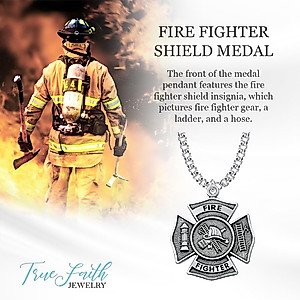 TrueFaithJewelry Sterling Silver Fire-Fighter Shield Medal Cross Pendant Necklace, 1 Inch