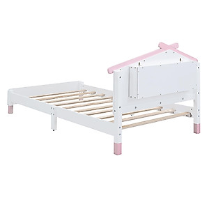 Harper & Bright Designs Twin Bed Frames with House-Shaped Headboard, Wooden Kids Twin Platform Bed Frame with Motion Activated Night Lights, Cute Single Twin Bed for Girls Boys, White+Pink