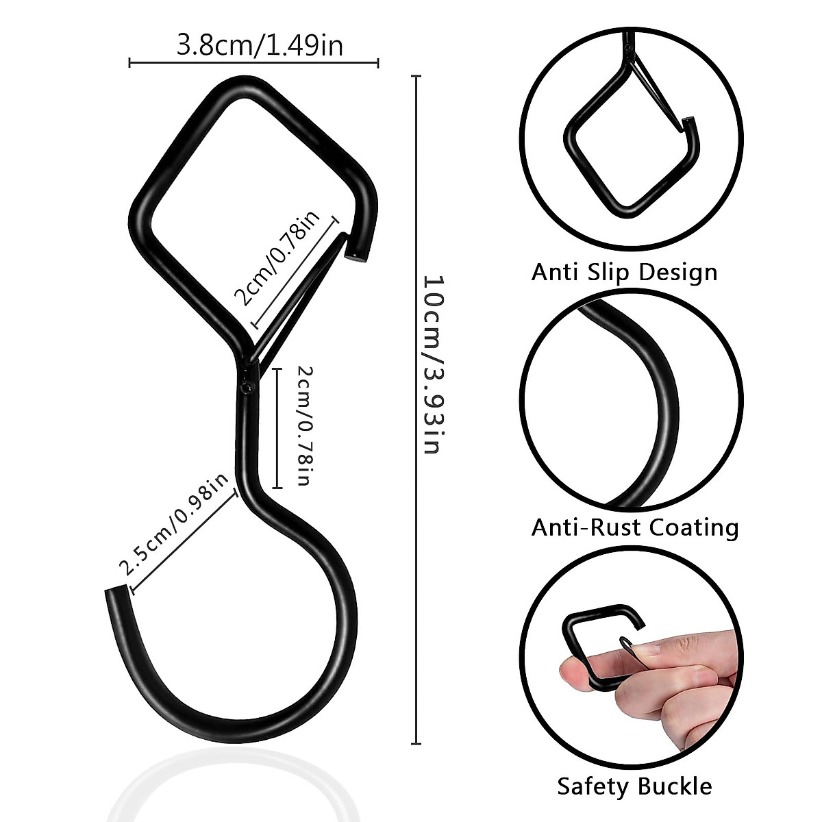 Ticway 12 PCS S Hooks for Hanging,4 Inch Heavy Duty Closet Hooks with Safety Buckle,Closet Hooks Hanging for Plants,Clothes,Kitchen Utensil,String Lights,Handbags,Belt,Hat,Cup (12 Pack, Black)